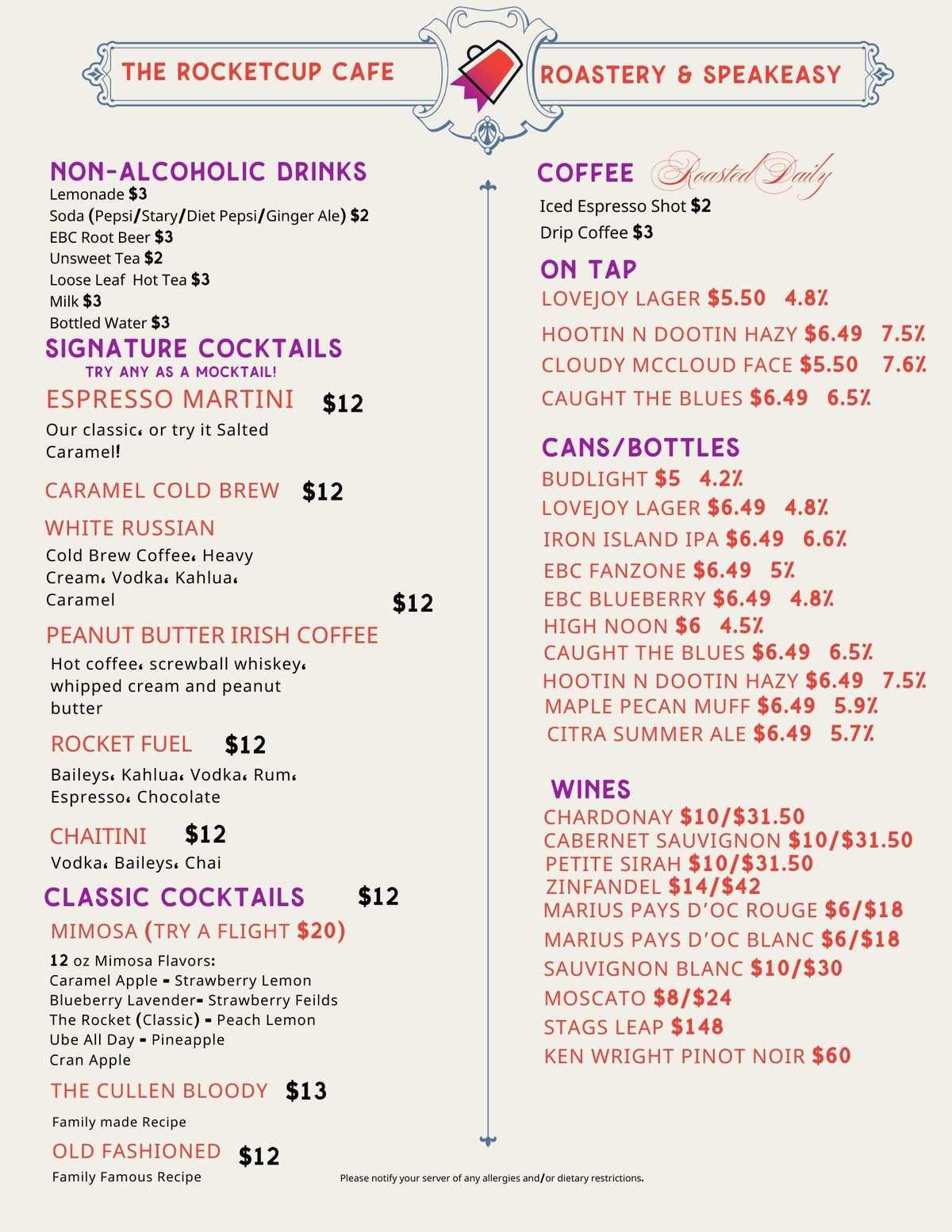 Our Menus! – RocketCup Coffee